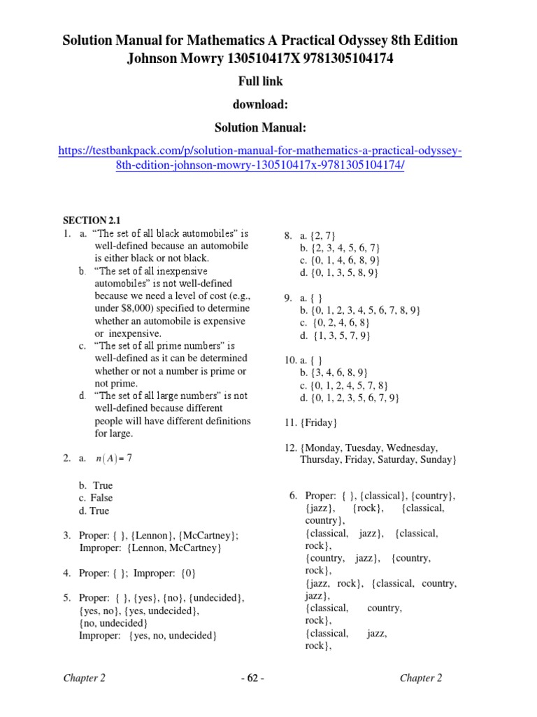 Mathematics A Practical Odyssey 8th Edition Johnson Mowry 130510417x Solution Manual Download