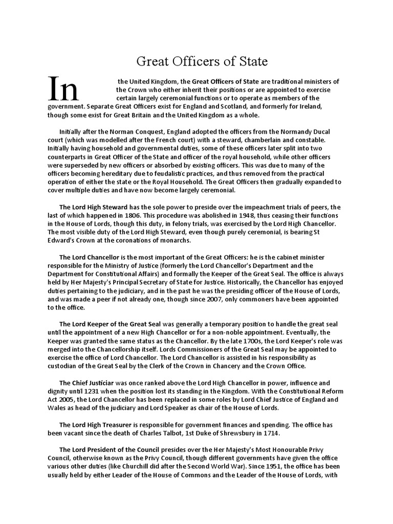 Great Officers of State | PDF | Government Of The United Kingdom | Monarchy