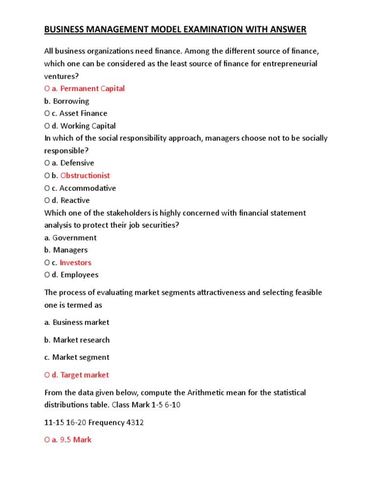 Business Management Model Exam Questions | PDF | Marketing | Procurement