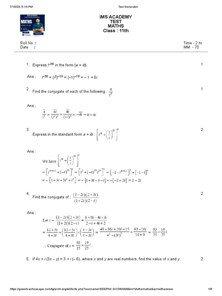 Class 11 Maths Test Paper with Answers | PDF | Mathematical Objects ...