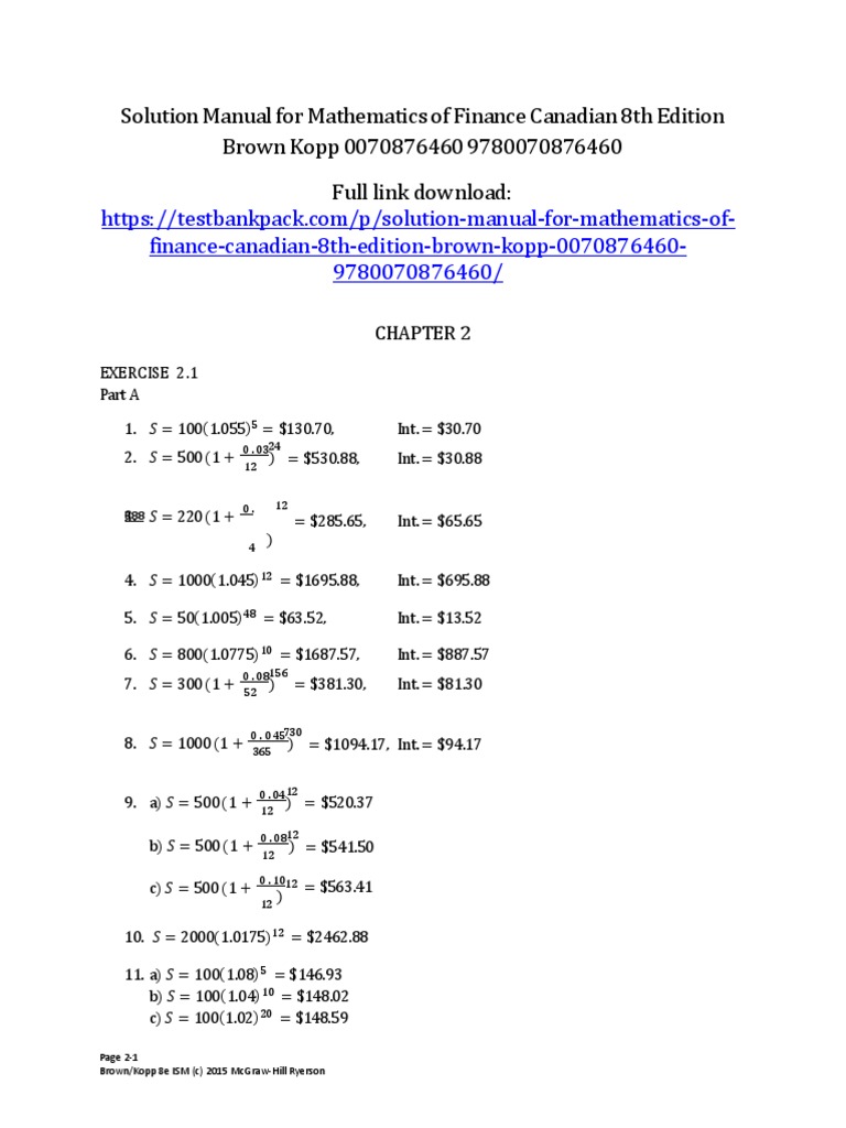 Mathematics of Finance Canadian 8th Edition Brown Kopp Solution Manual ...