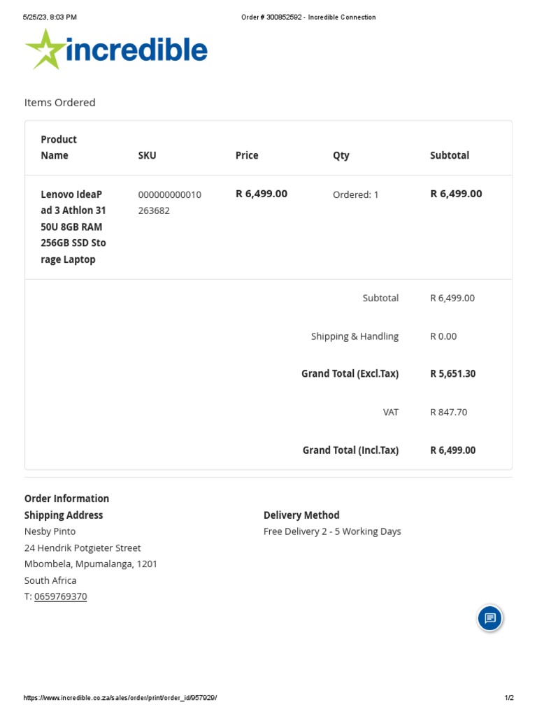 Order # 300852592 - Incredible Connection | PDF