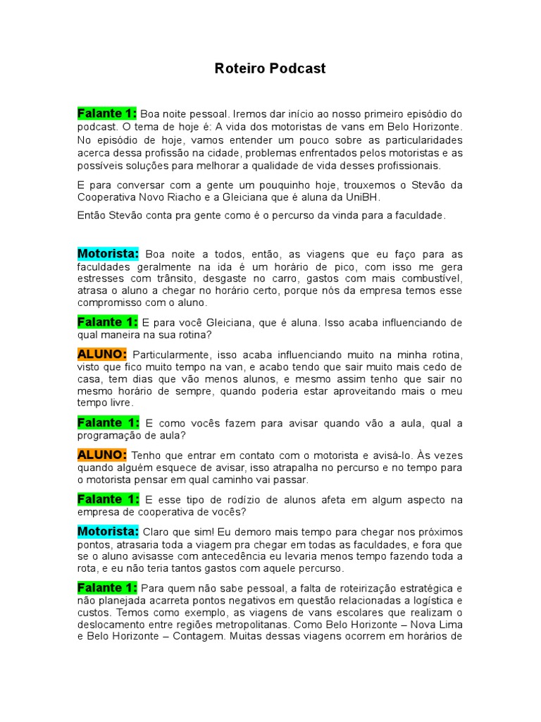 Roteiro Podcast | PDF | Tempo | Logística