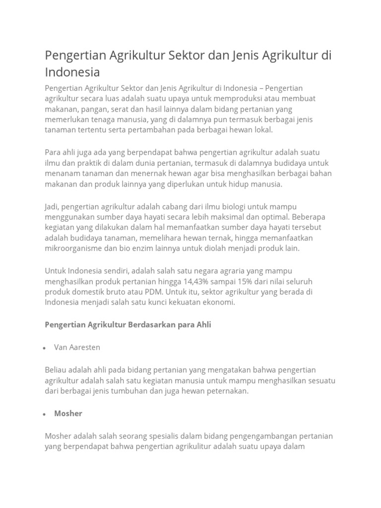 Pengertian Agrikultur Sektor Dan Jenis Agrikultur Di Indonesia | PDF