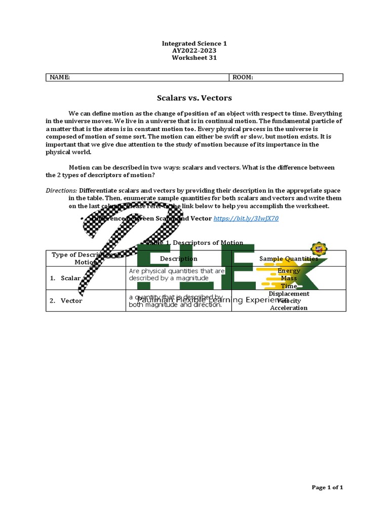 Scalars vs. Vectors Worksheet | PDF