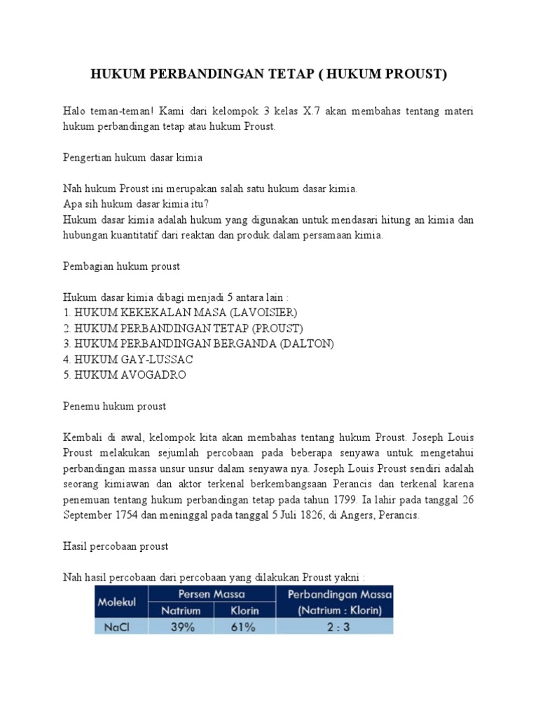 Hukum Perbandingan Tetap (Hukum Proust) - Kelompok 3 x.7 | PDF | Sains ...