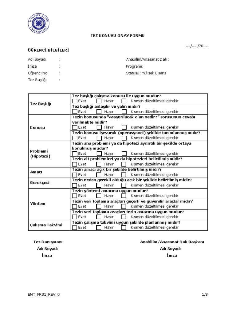 ENT_FR31_0 TEZ KONUSU ONAY FORMU (2) - Kopya | PDF