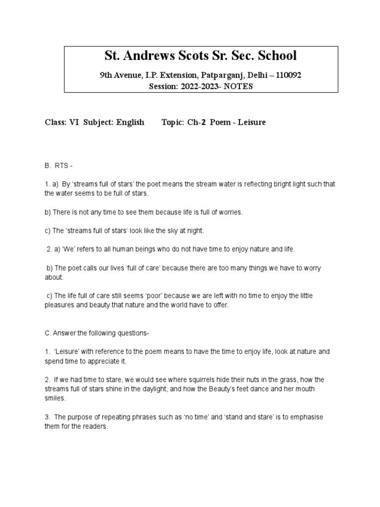 English - Ch-2 Poem Leisure Notes (VI) | PDF