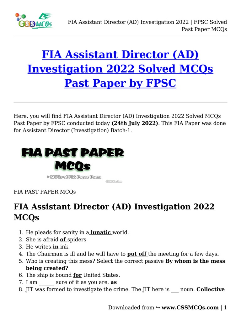 FIA Assistant Director (AD) Investigation 2022 - FPSC Solved Past Paper ...