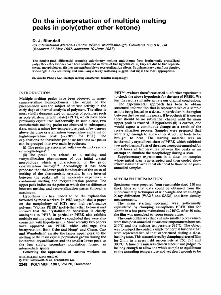 On The Interpretation of Multiple Melting Peaks in PEEK | PDF | Differential Scanning ...