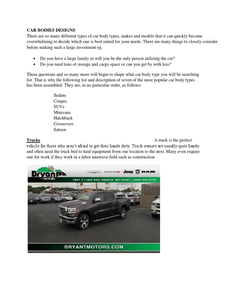 Car Body Designs | PDF | Trunk (Car) | Sedan (Automobile)