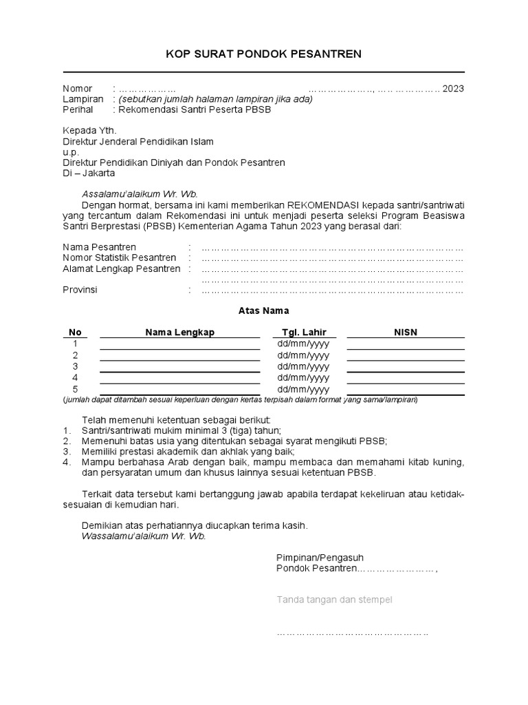 Lampiran 2 - Format Surat Rekomendasi Dari Pondok Pesantren | PDF