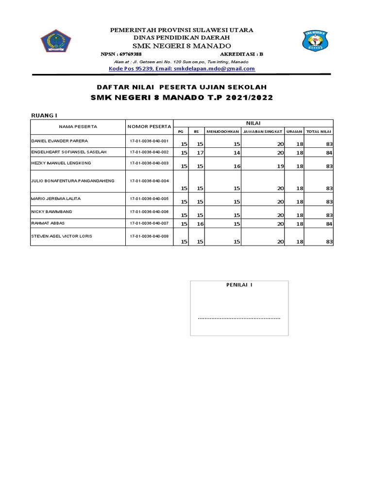 Daftar Nilai Us | PDF