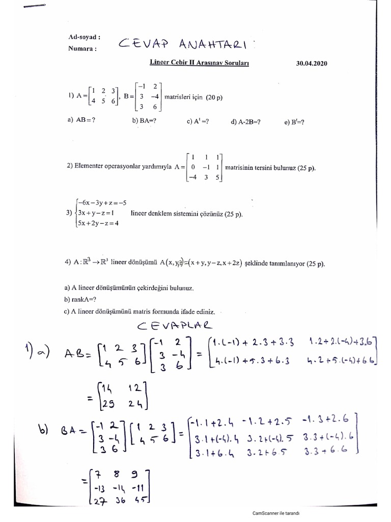 Lineer Cebir II 2020 Bahar Arasınav Cevap Anahtarı | PDF