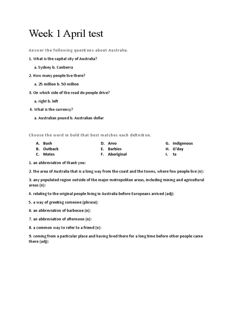Week 1 April 2023 Test - Australia | PDF | Australia