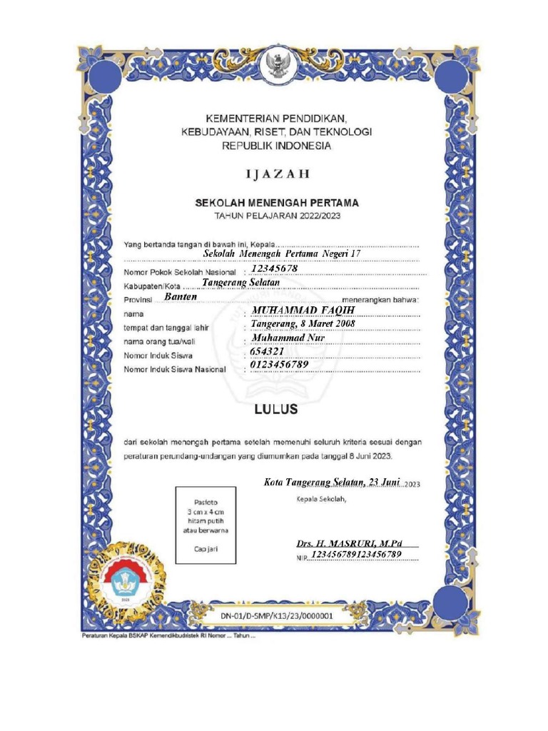 Contoh Penulisan Ijazah SMP 2023 | PDF