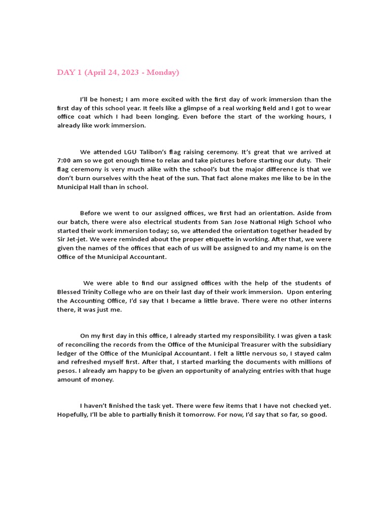 Work Immersion Diary | PDF