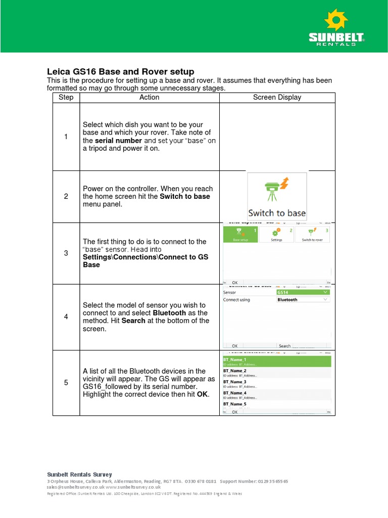Sunbelt Quick Guide - Leica Captivate GS16 Base & Rover Setup | PDF | Surveying | Radio
