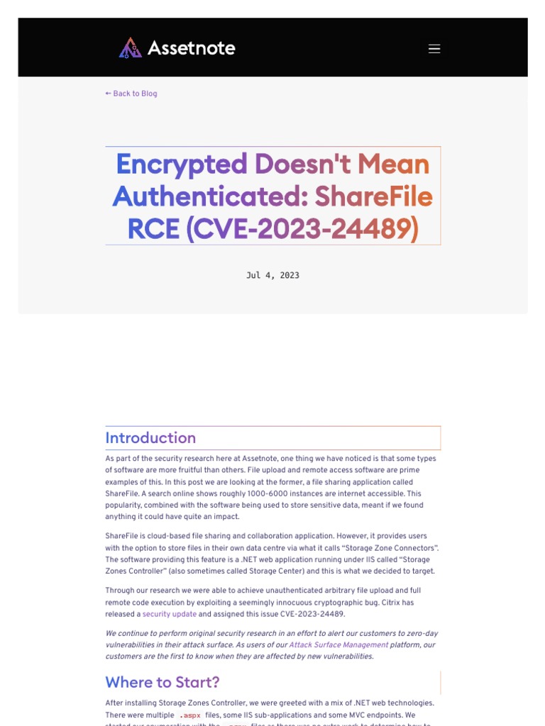 Encrypted Doesn't Mean Authenticated - ShareFile RCE (CVE-2023-24489) - Assetnote | PDF ...