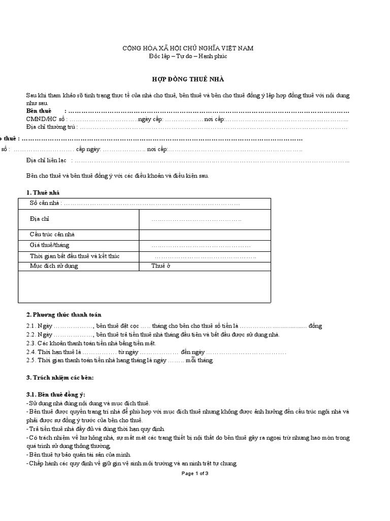 mẫu hđ thuê nhà 2 | PDF