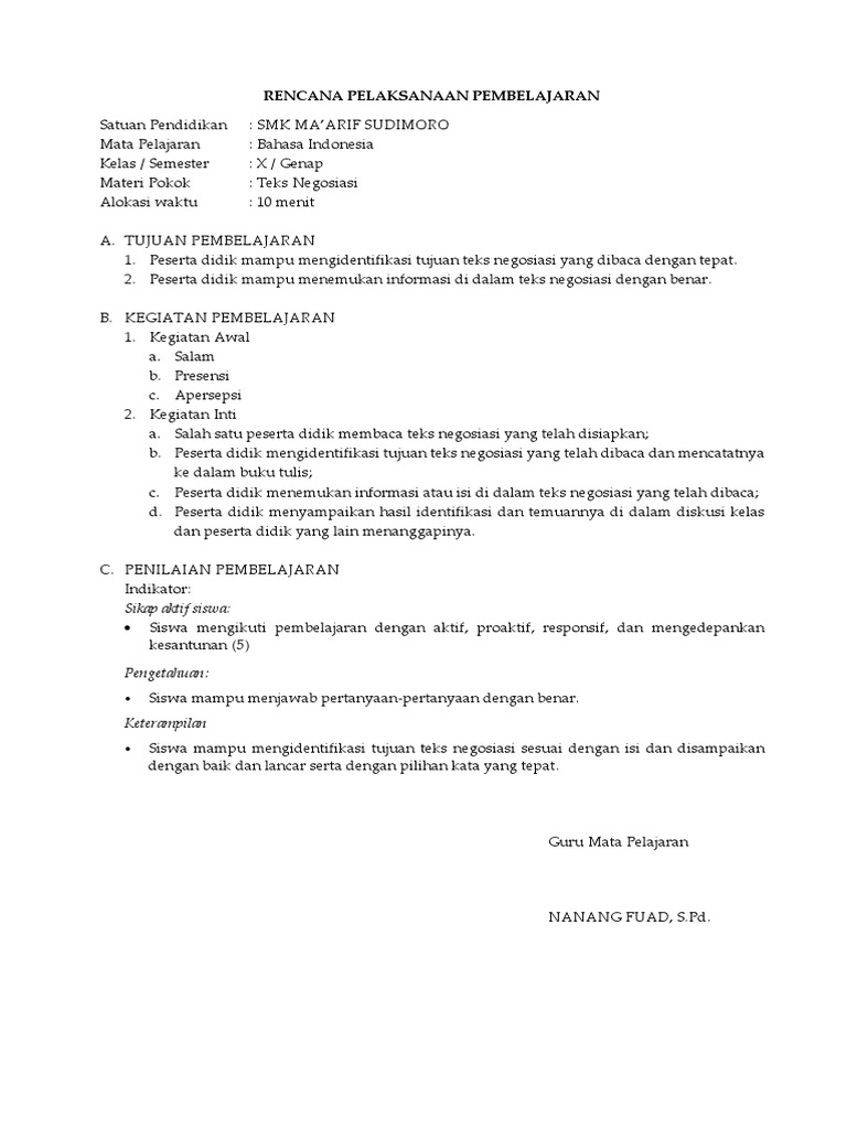 RPP Teks Negosiasi SMK Kelas X | PDF