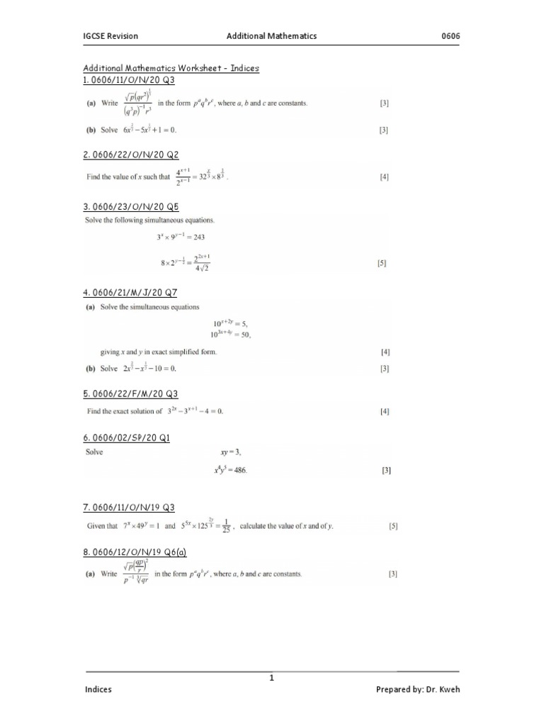 IGCSE Additional Mathematics - Indices 2022 | PDF