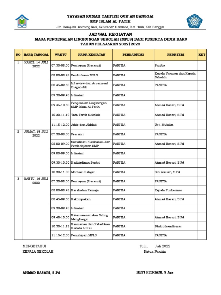 Jadwal MPLS 2022 SMP | PDF