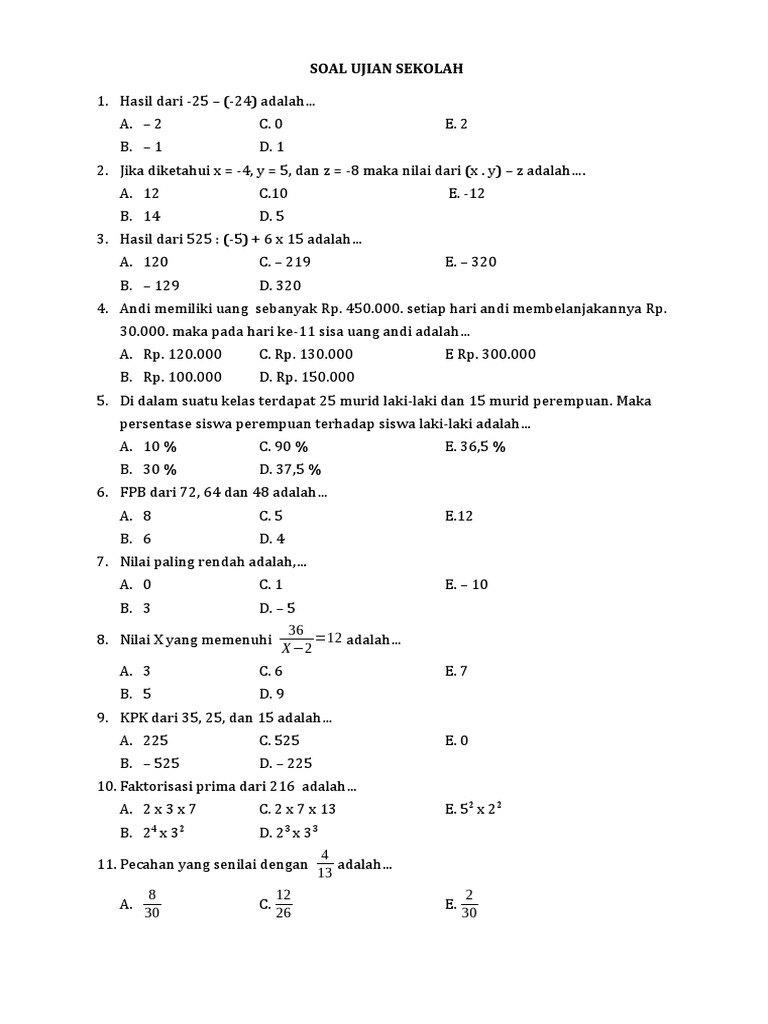 Soal Ujian Matematika Sekolah | PDF