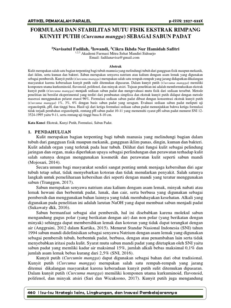 Formulasi Dan Stabilitas Mutu Fisik Ekstrak Rimpang Kunyit Putih (Curcuma Mangga) Sebagai Sabun ...