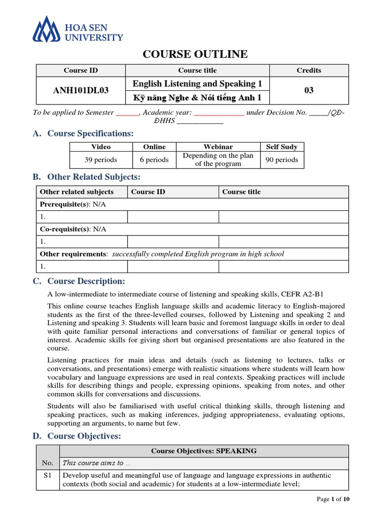 Course Outline - English Listening Speaking 1 - Anh101dl03 | PDF ... Course Outline - English Listening Speaking 1 - Anh101dl03 | PDF ...