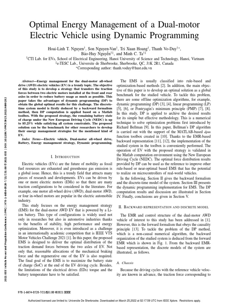 Optimal Energy Management of A Dual-Motor Electric Vehicle Using ... Optimal Energy Management of A Dual-Motor Electric Vehicle Using ...