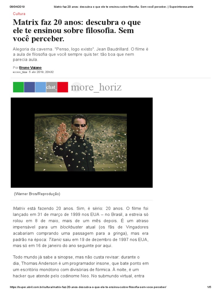 Matrix: Filosofia em 20 Anos de Impacto | PDF | Platão | Pensamento