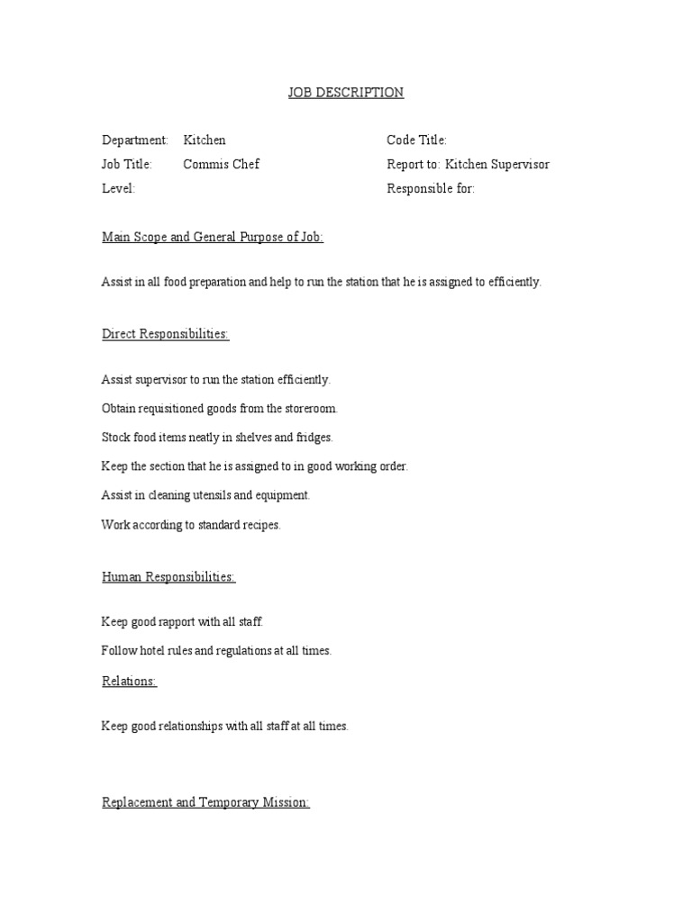 Job Discription Commis Chef | PDF