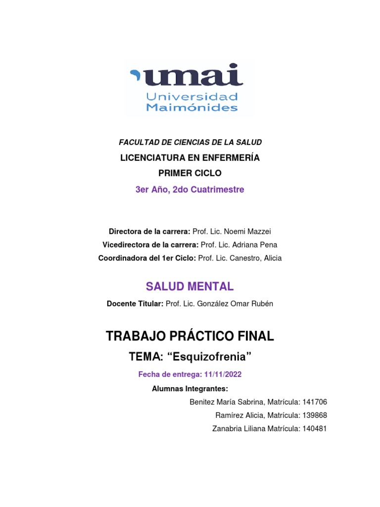 .TP Saludmental Ezquizofrenia 10denoviembre2022 Umai | PDF | Esquizofrenia | Trastorno mental