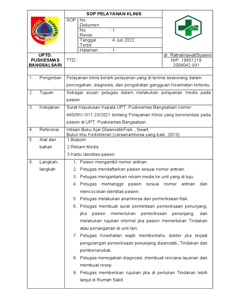 Sop Pelayanan Klinis | PDF