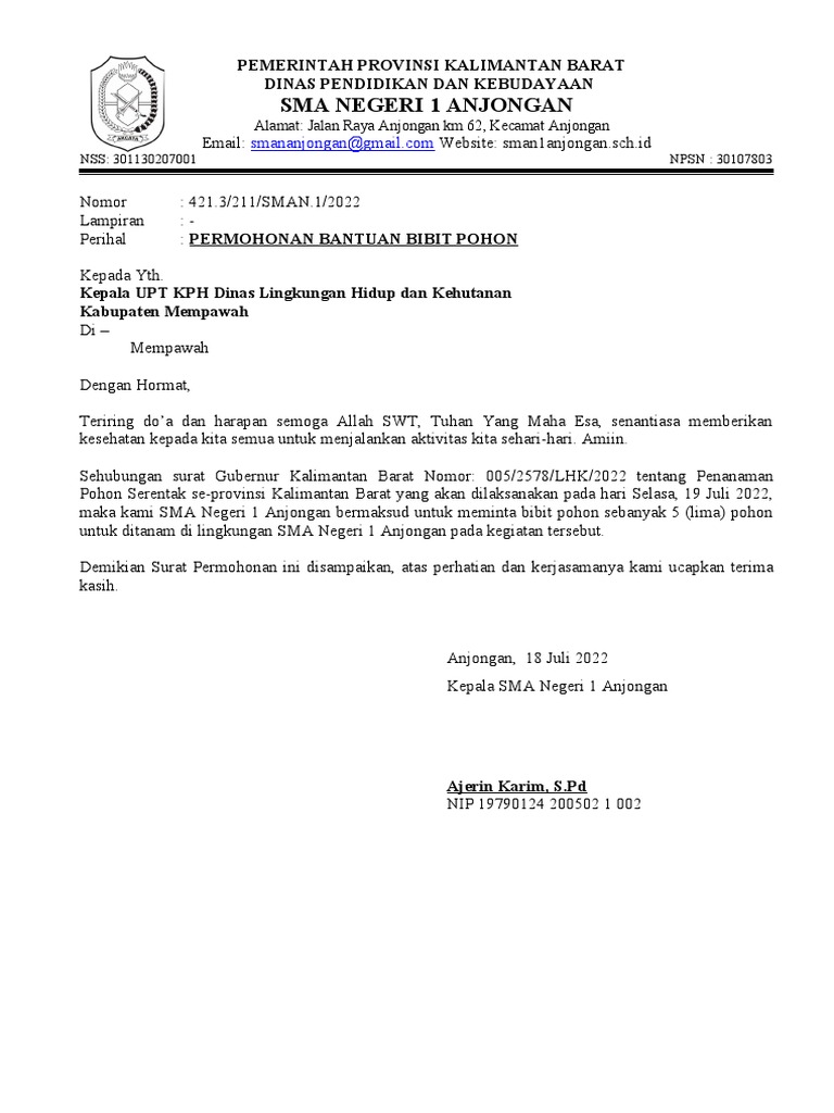 Surat Permohonan Bantuan Bibit Pohon | PDF