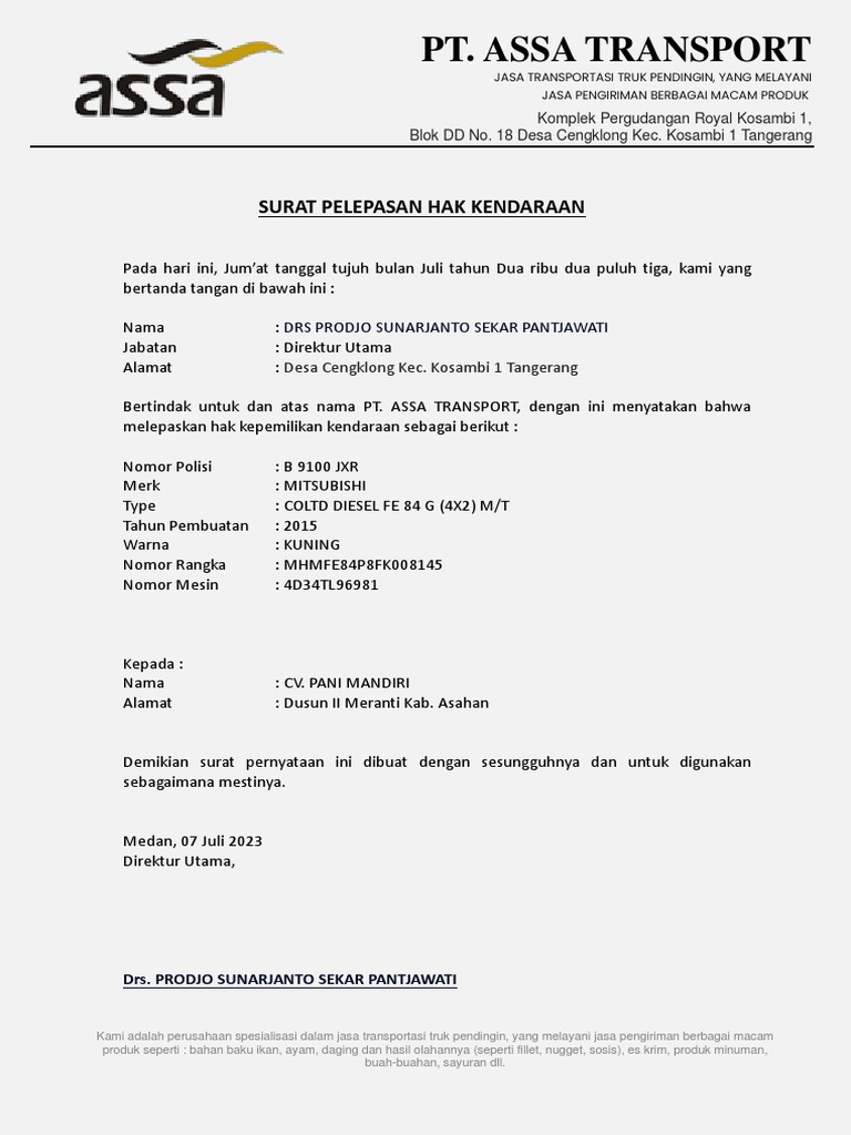 Surat Pelepasan Hak Kendaraan Assa | PDF