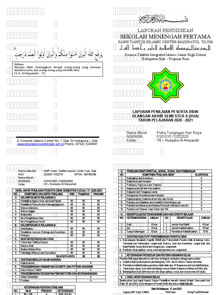 Form Rapor UAS - Kls. VII - VIII - 2021-Edit1 | PDF