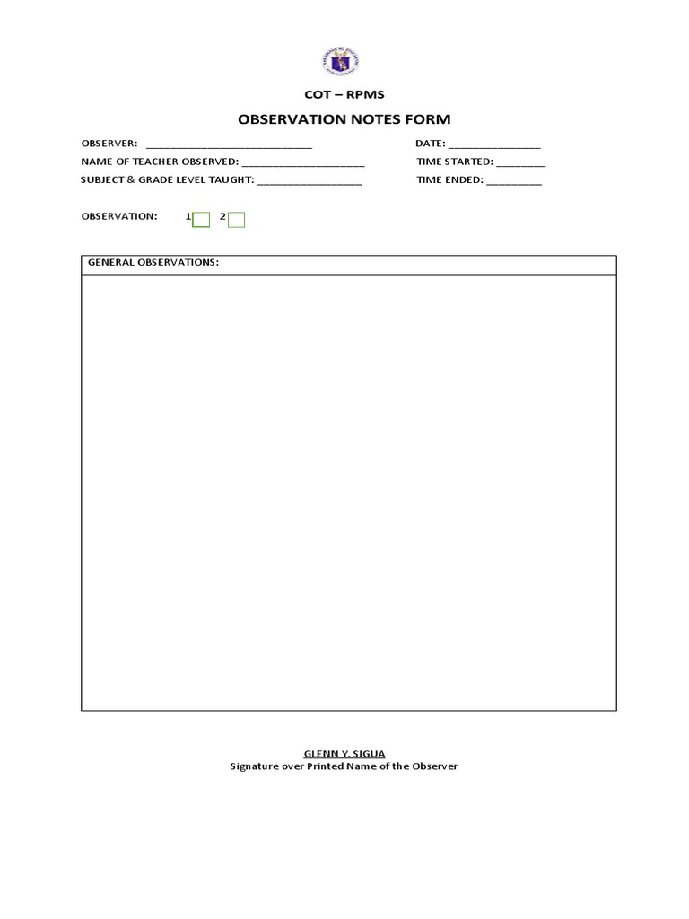 Cot Observation Notes Blank 1 | PDF