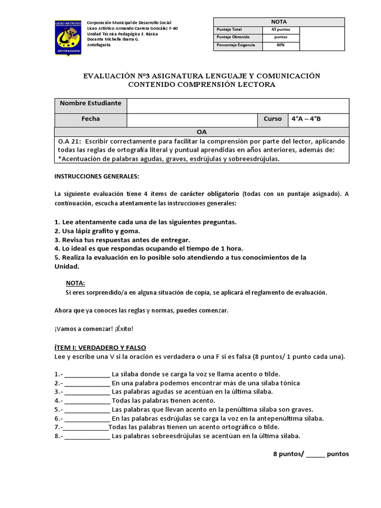 Evaluación Palabras Agudas, Graves y Esdrújulas | PDF | Idiomas | Estudios de idiomas extranjeros
