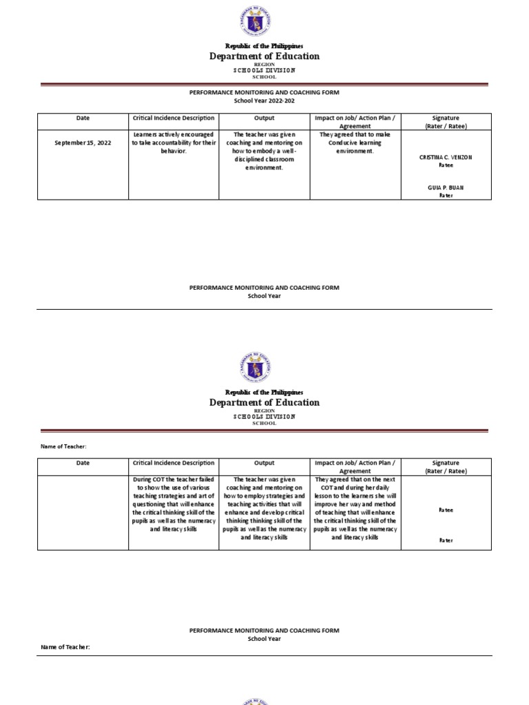 DepEd Performance Monitoring Form | PDF | Teachers | Mentorship