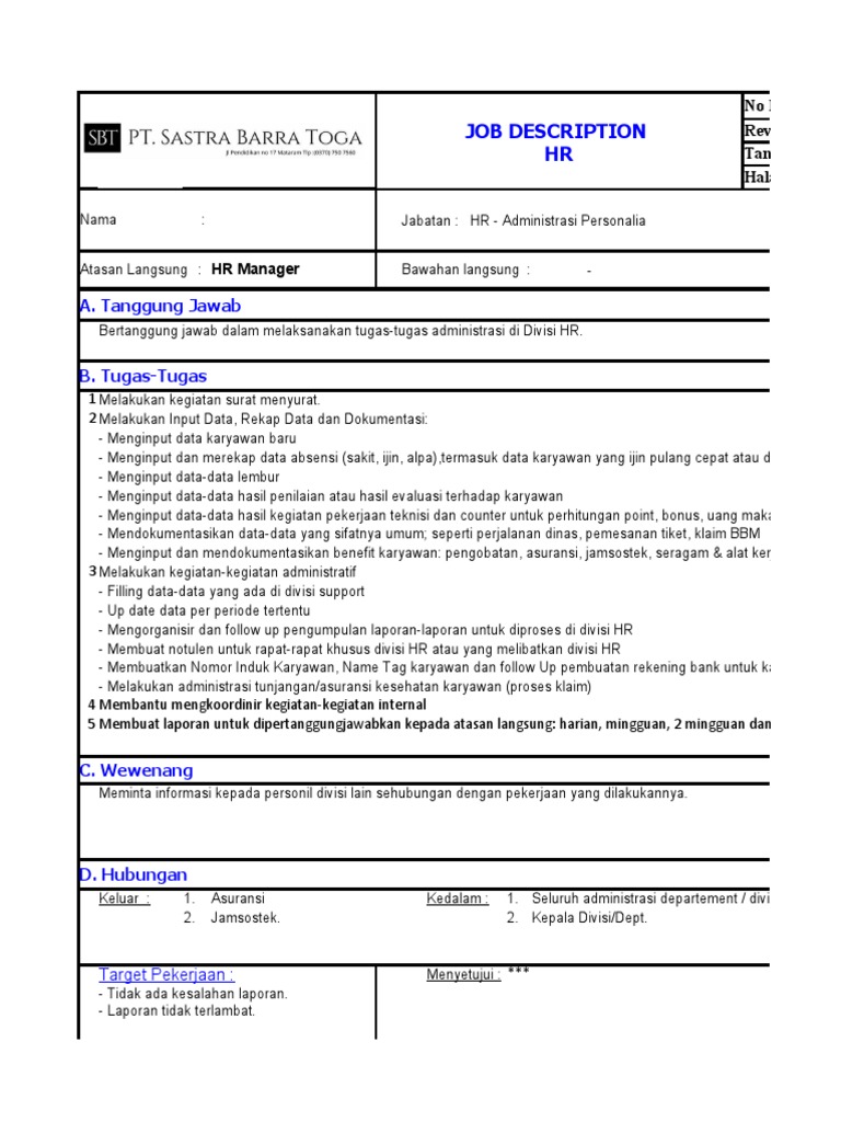 Jobdesc Staff Administrasi Personalia | PDF