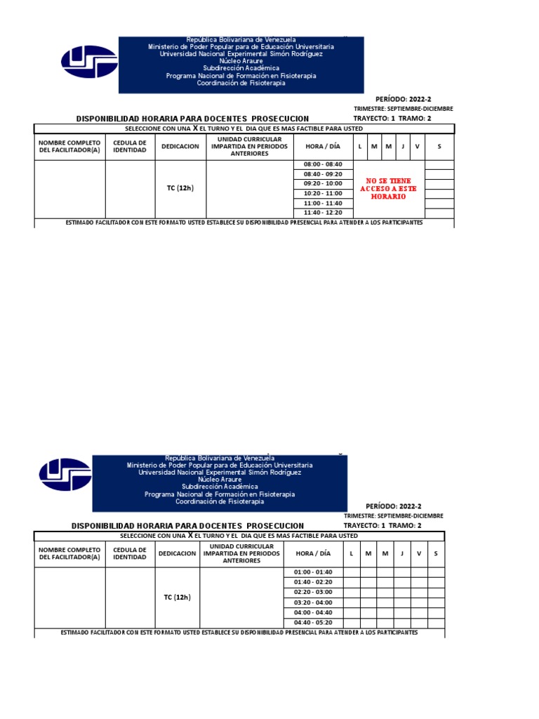 Formato Disponibilidad Horaria Prosecucion 2022-2 | PDF