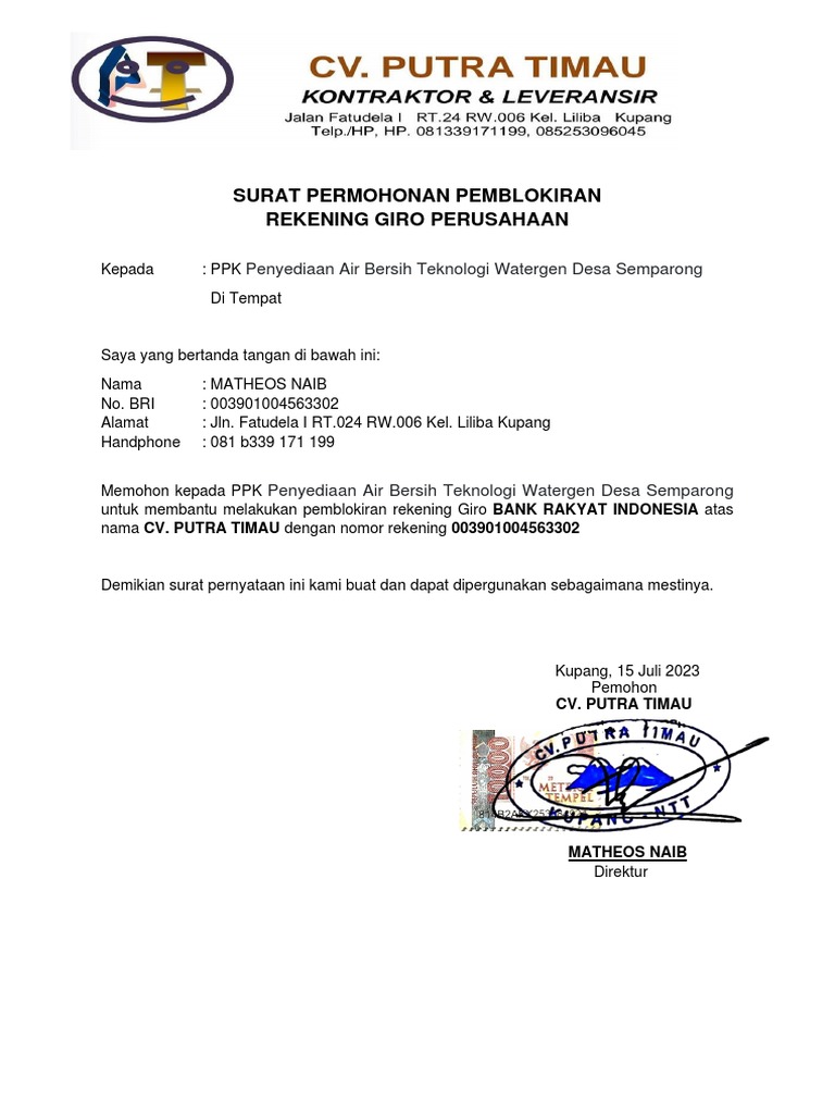 Surat Pemblokiran Rekening | PDF