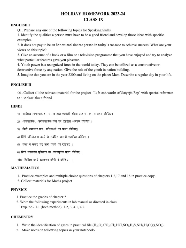 9th Class Holiday Homework | PDF | Science