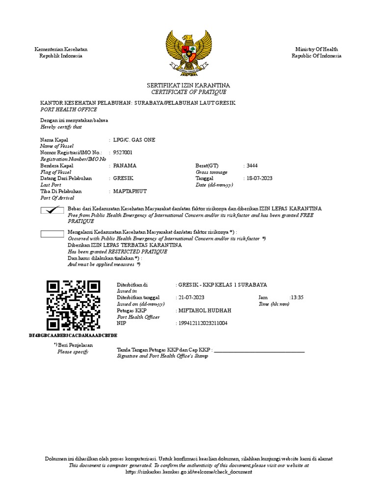 Sertifikat Izin Karantina #35-416120-014-13-2023-07-00032-1534 | PDF | Shipping | Ships
