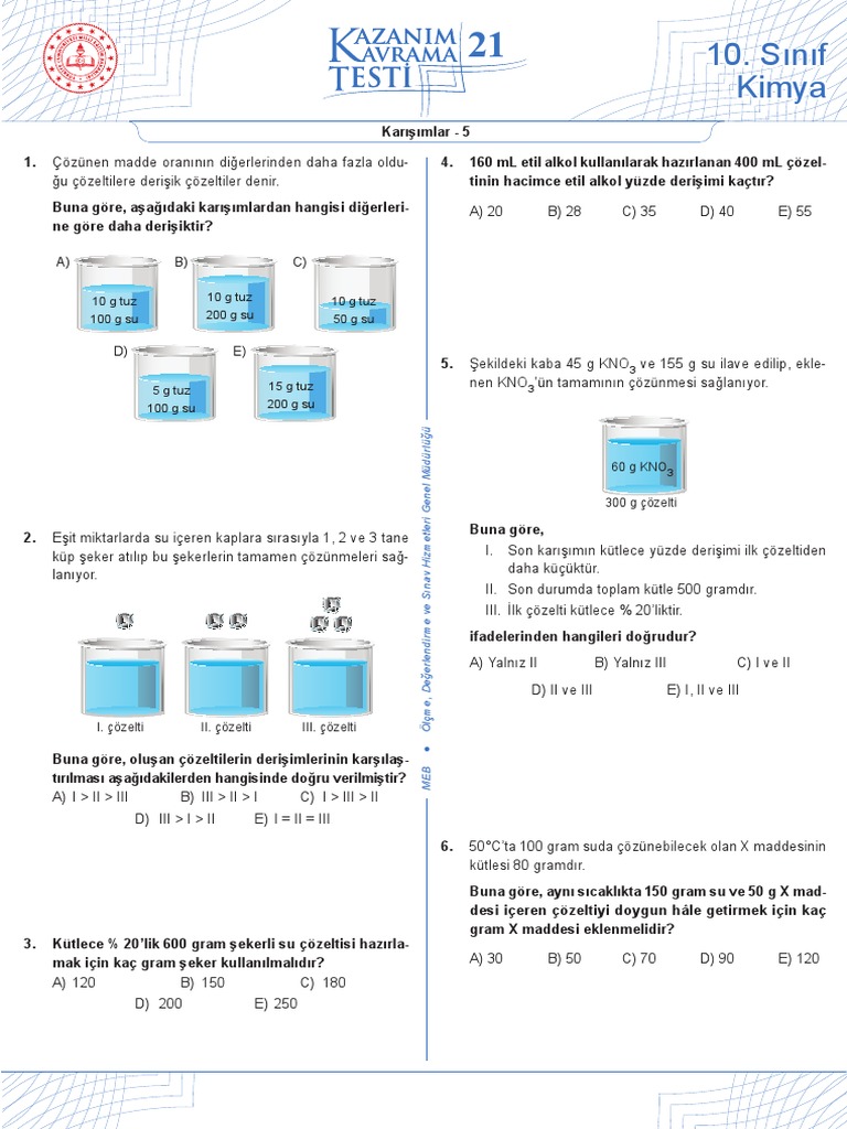 Sınıf 10. Sınıf Kimya Kimya: 10 G Tuz 100 G Su 10 G Tuz 200 G Su 10 G ...
