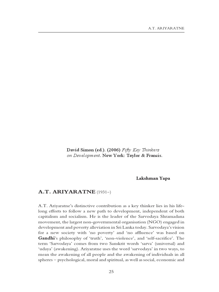 A.T. Ariyaratne and Sarvodaya Movement | PDF | Four Noble Truths ...