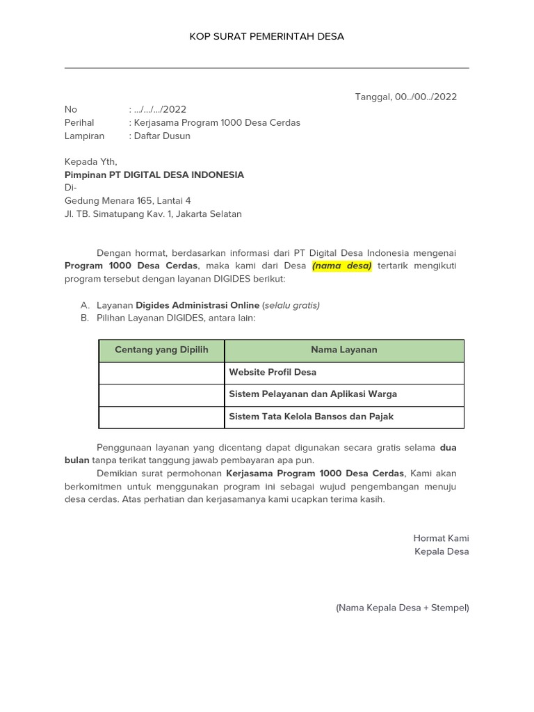 Surat Kerjasama Program Desa Cerdas | PDF