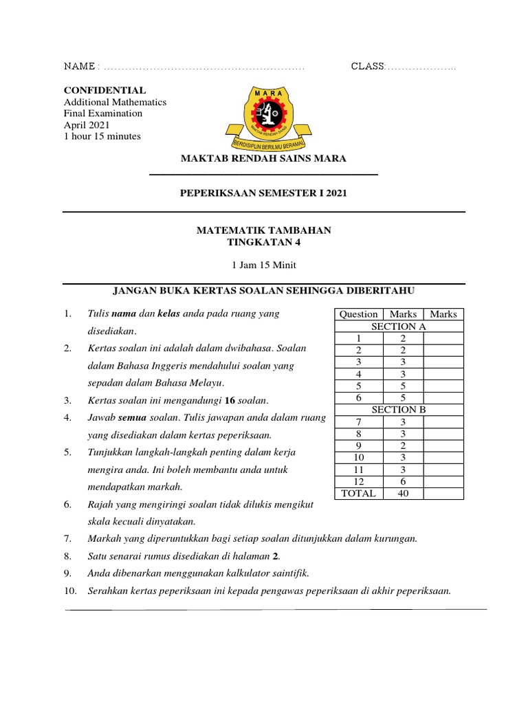 ADDITIONAL MATHEMATICS Tingkatan 4 FINAL SEM 1 | PDF